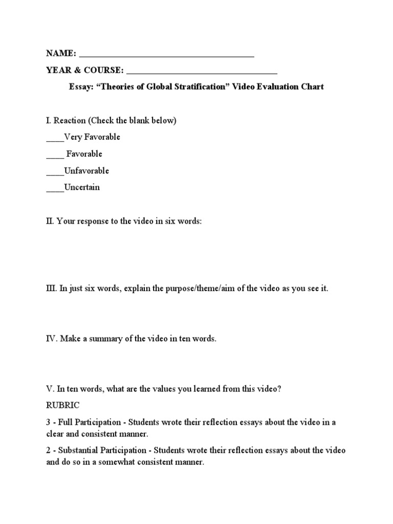 "Theories of Global Stratification" Video Evaluation Chart | PDF