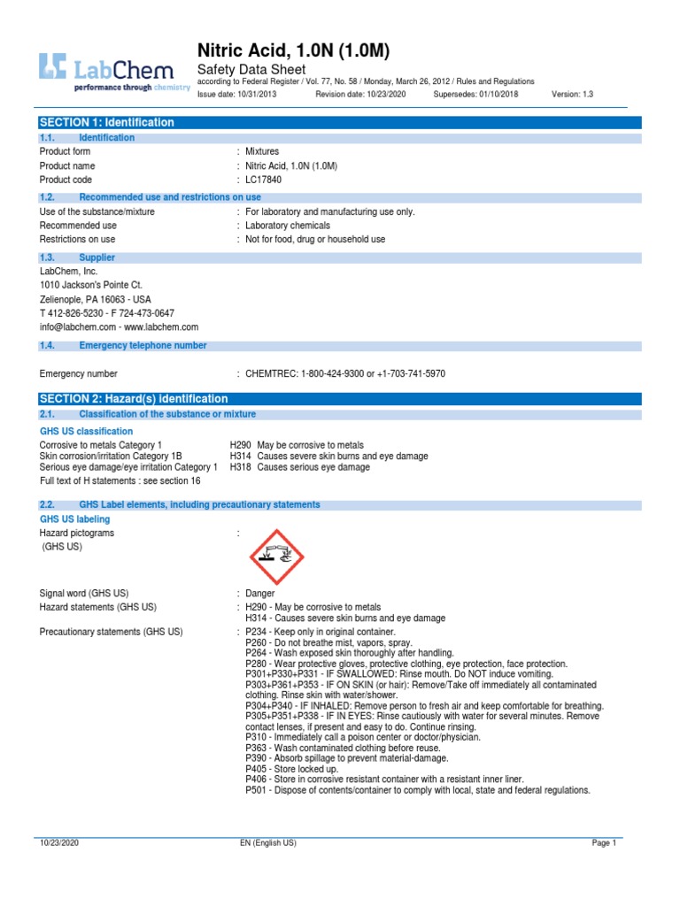 Nitric Acid, 1.0N (1.0M) : Safety Data Sheet | PDF | Firefighting ...