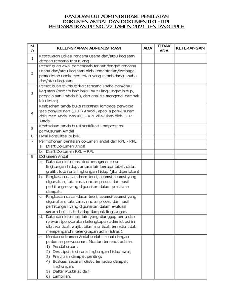 Panduan Uji Administrasi Penilaian Dokumen Amdal Dan Dokumen RKL | PDF ...