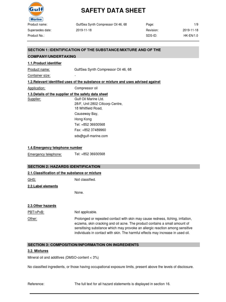 GulfSea Synth Compressor Oil 46, 68 SDS | PDF | Occupational Safety And ...