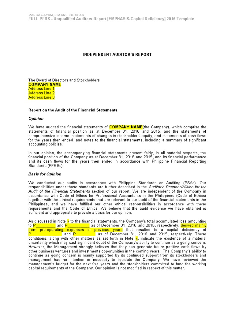 FULL PFRS - Unqualified Auditors Report (Capital Deficiency) 2016 ...