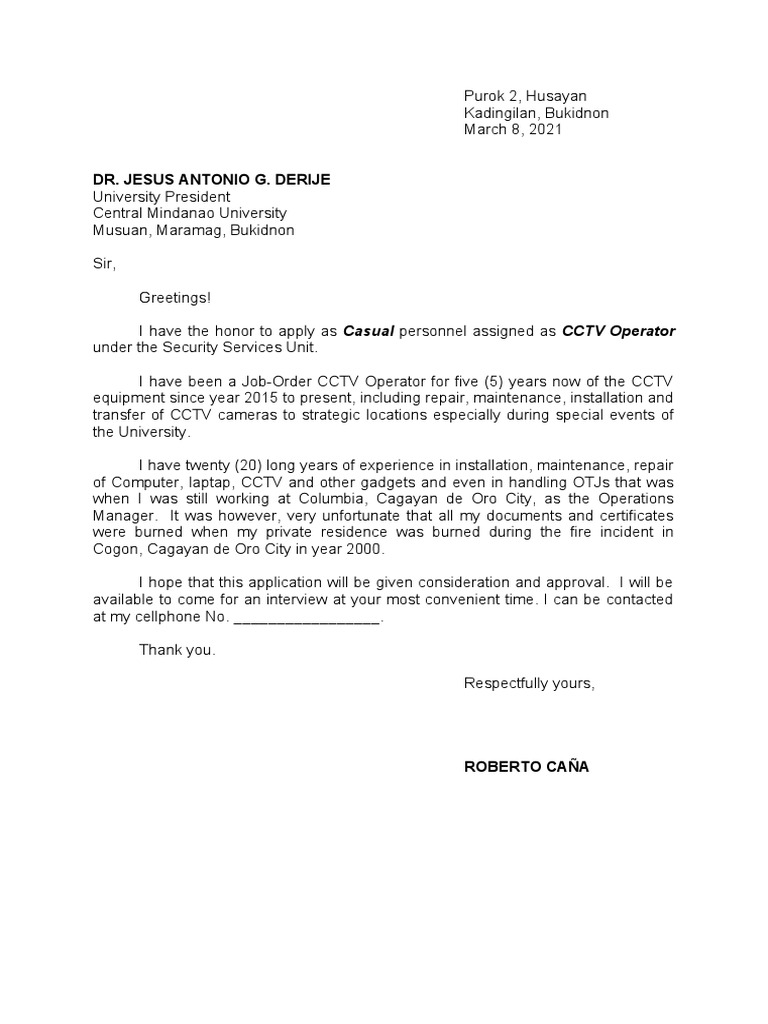 Application Letter For CMU Casual | PDF