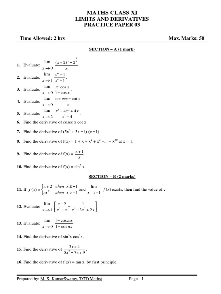 Maths Class Xi Limits Derivatives Practice Paper 03 | PDF | Mathematics
