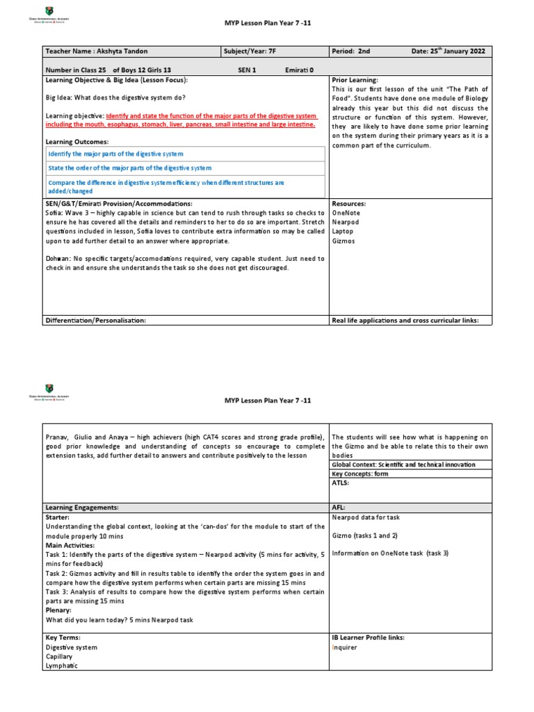 Year 7 Digestive System Lesson Plan | PDF | Curriculum | Lesson Plan