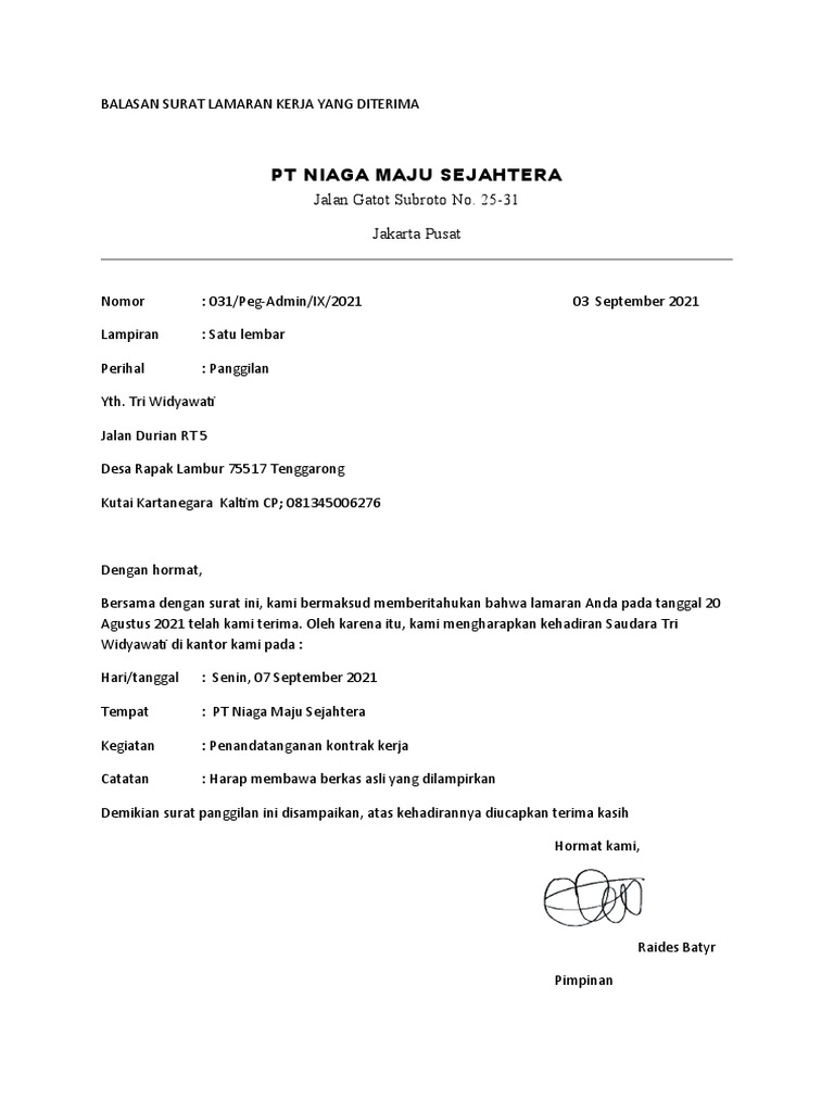 Surat Balasan Lamaran Kerja | PDF