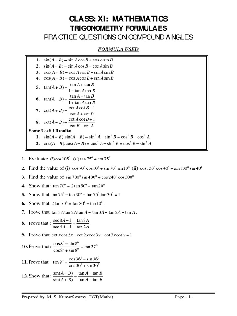 Class Xi Maths Trigonometry Practice Questions 2015 161 | PDF ...