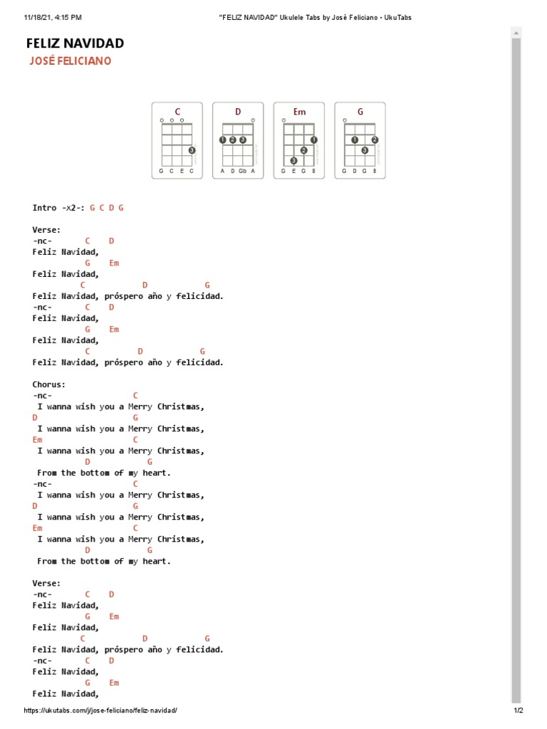 FELIZ NAVIDAD - Ukulele Tabs by José Feliciano - UkuTabs | PDF ...