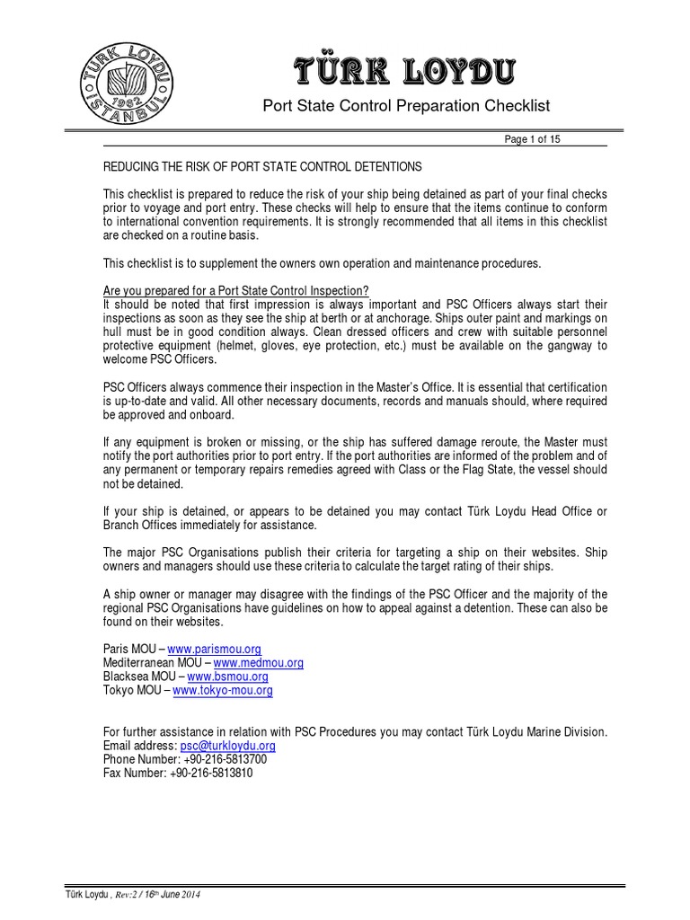 Turk Loydu Port State Control Checklist | PDF | Manufactured Goods ...