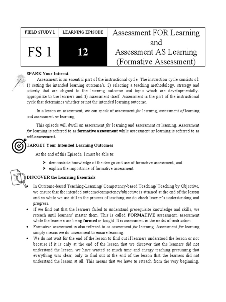 Assessment FOR Learning and Assessment AS Learning (Formative ...