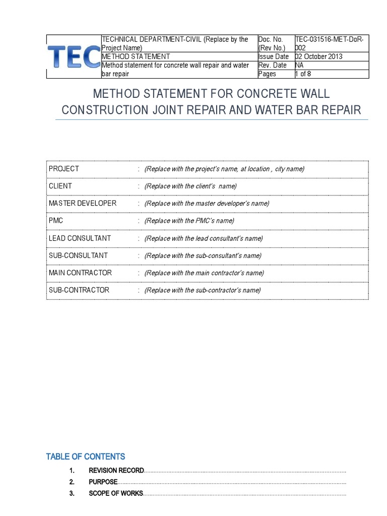 TEC-031516 - MET-DoR-002 (Method Statement For Concrete Wall ...