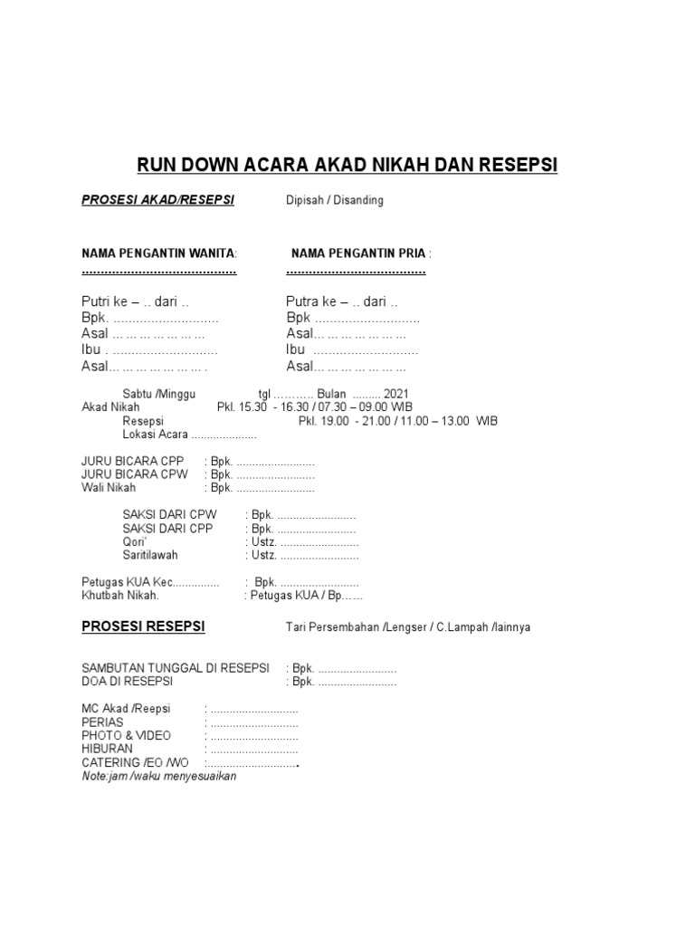 Run Down Acara Akad Nikah Dan Resepsi Umum Contoh | PDF