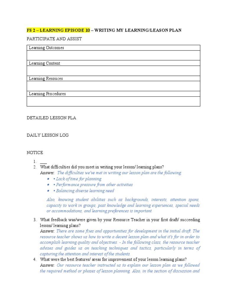 Fs 2 - Learning Episode 10 - Writing My Learning/Leason Plan | PDF ...
