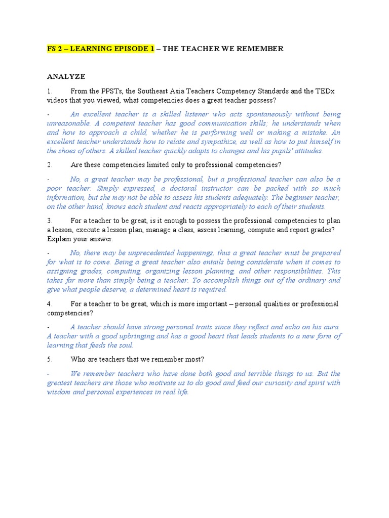 Fs 2 - Learning Episode 1 - The Teacher We Remember Analyze | PDF ...