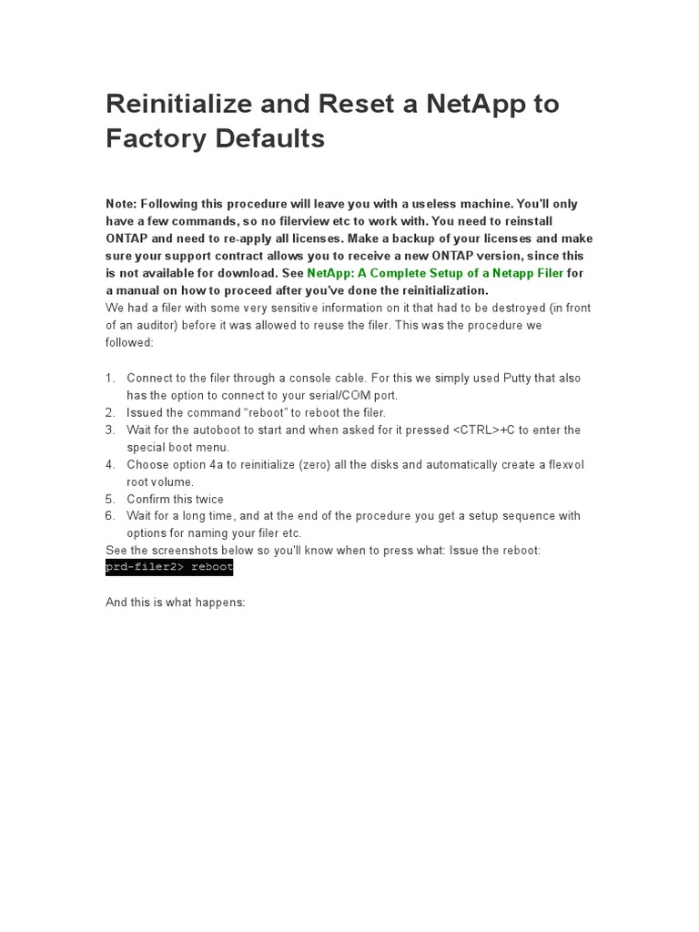 Reinitialize and Reset A NetApp To Factory Defaults | PDF