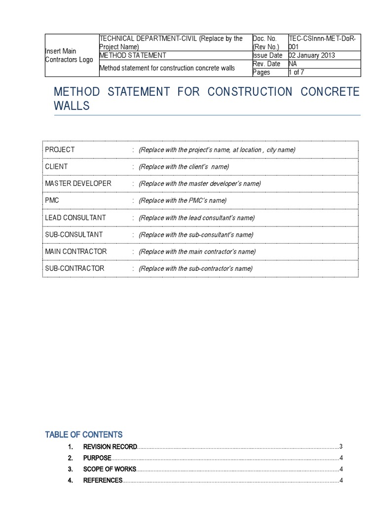 Method Statement for Concrete Walls | PDF | Concrete | Safety