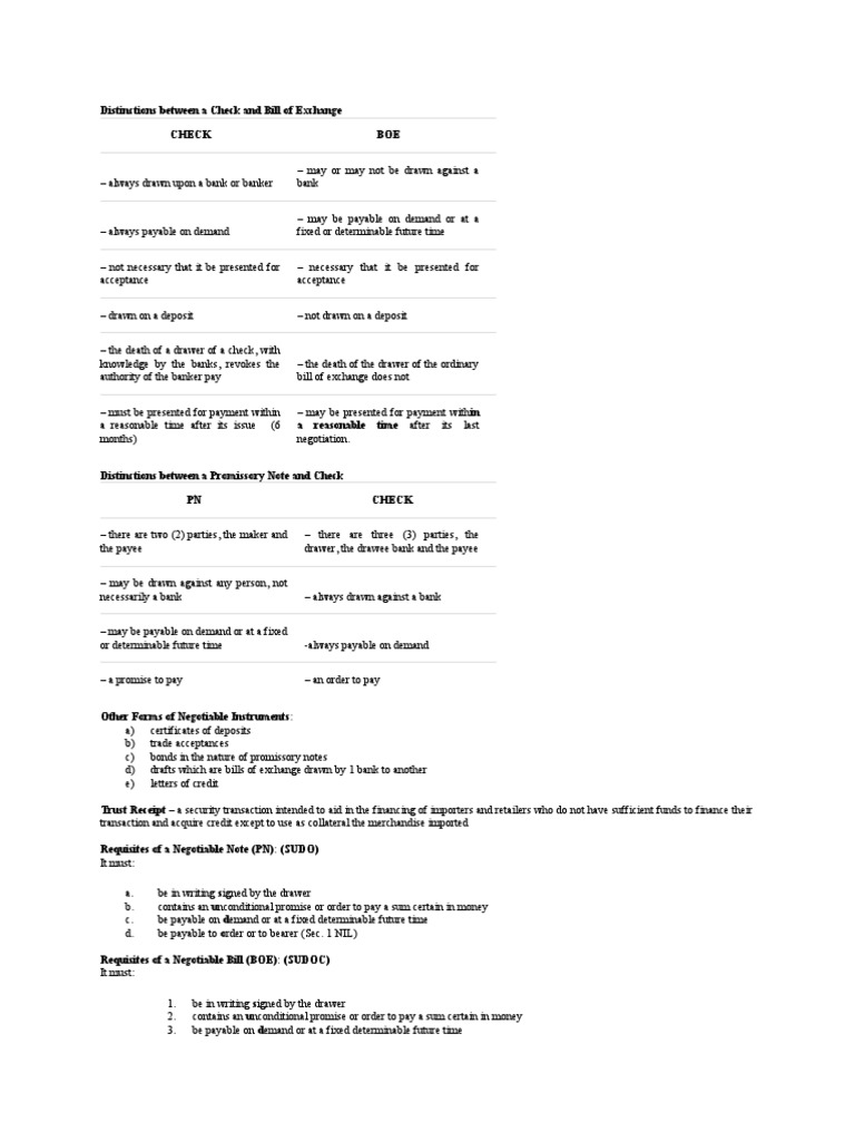 Distinctions Between A Check and Bill of Exchange | PDF | Negotiable ...