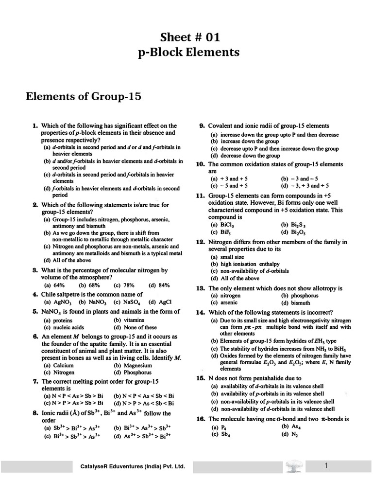 CT - P Block Elements - Ncert Practice Sheet - 01 - 21092021 - Chemistry - P-Block - Sheet # 01 ...