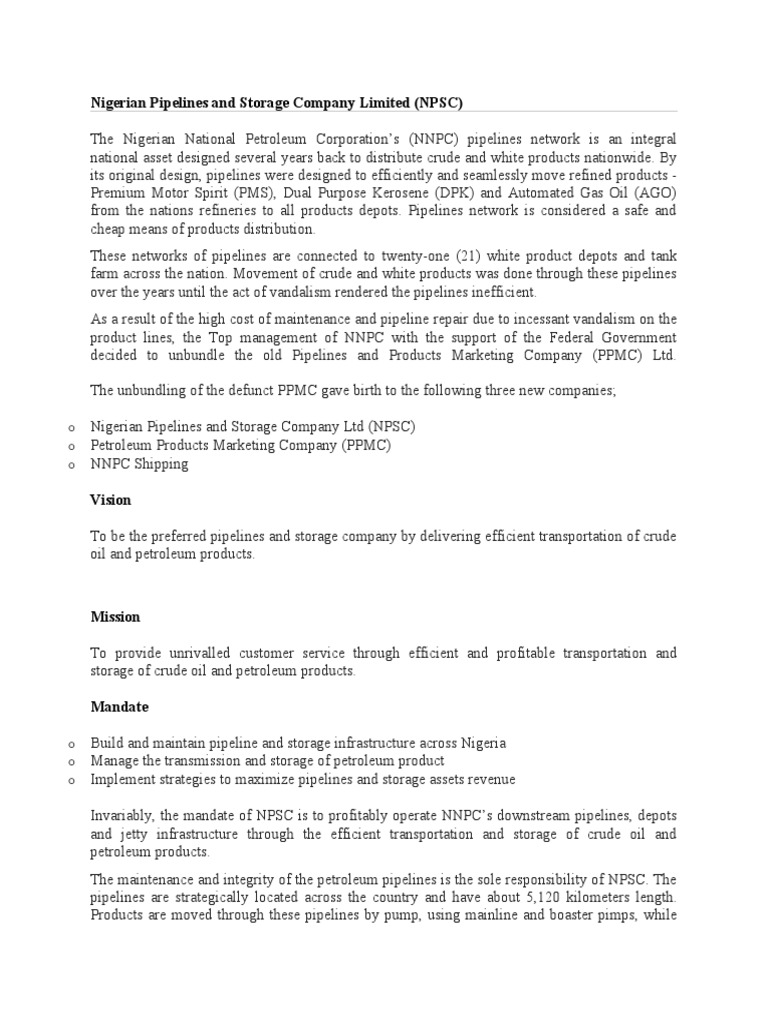 Nigerian Pipelines and Storage Company Limited Length of Pipeline | PDF