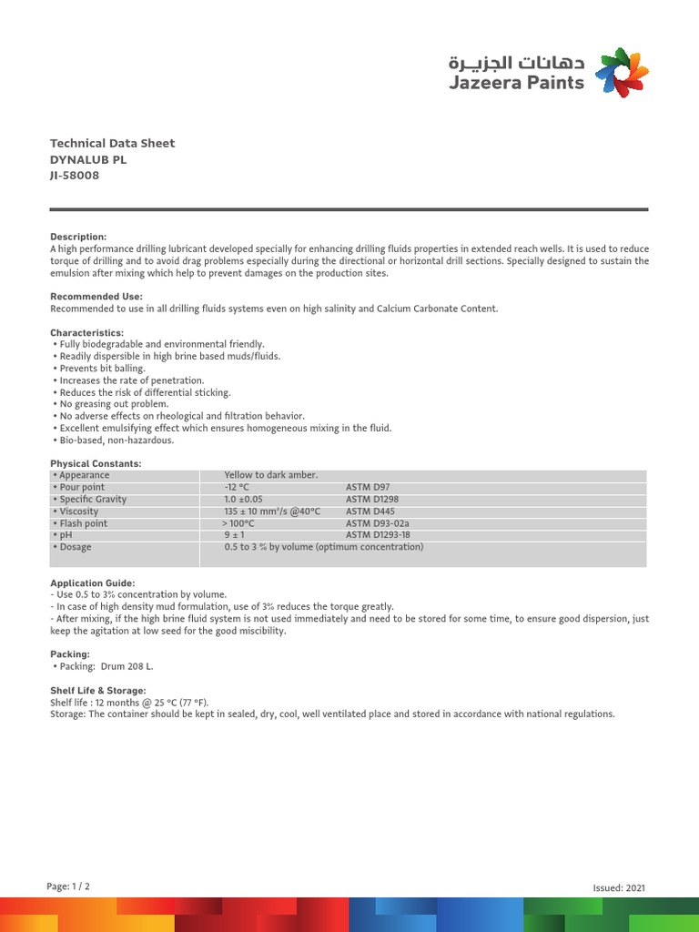Technical Data Sheet Dynalub PL JI-58008: Description | PDF | Emulsion ...