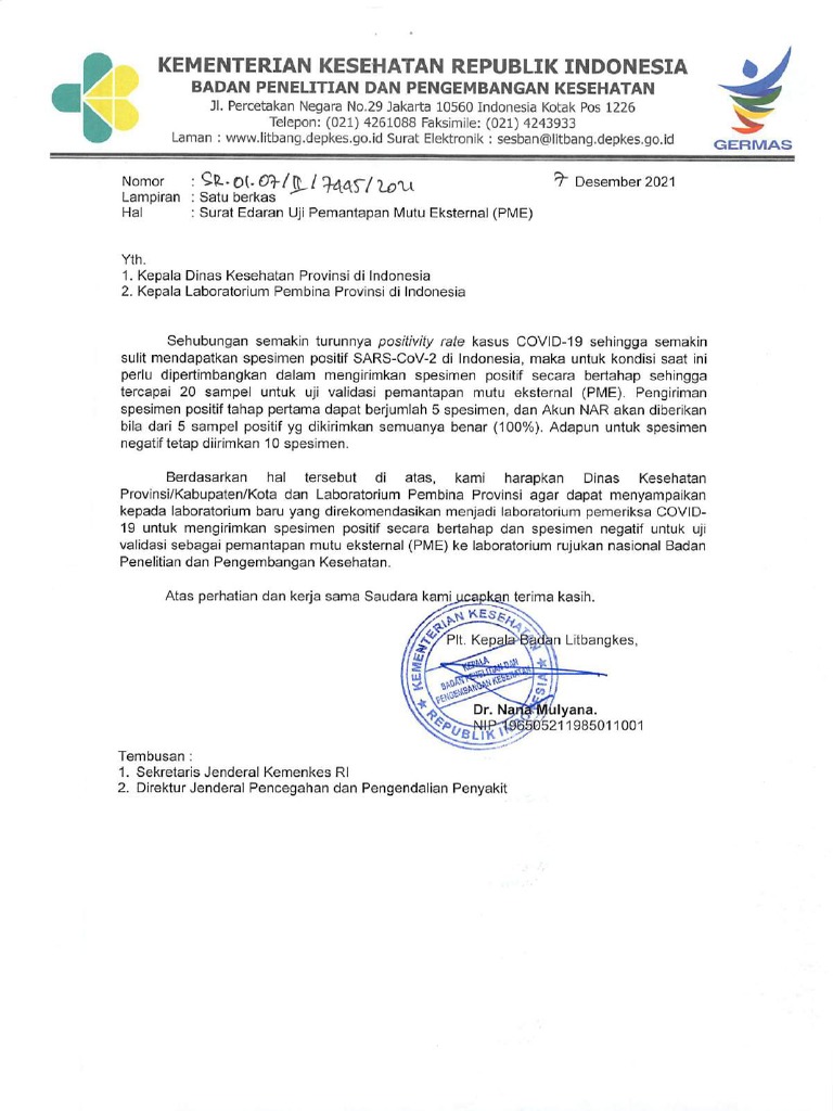 Surat Edaran Uji Pemantapan Mutu Eksternal PME Stempel Compressed | PDF
