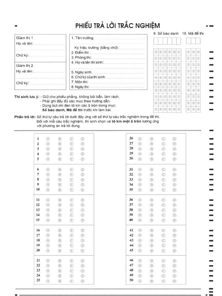 (123doc) Mau Phieu Tra Loi Trac Nghiem 50 Cau | PDF