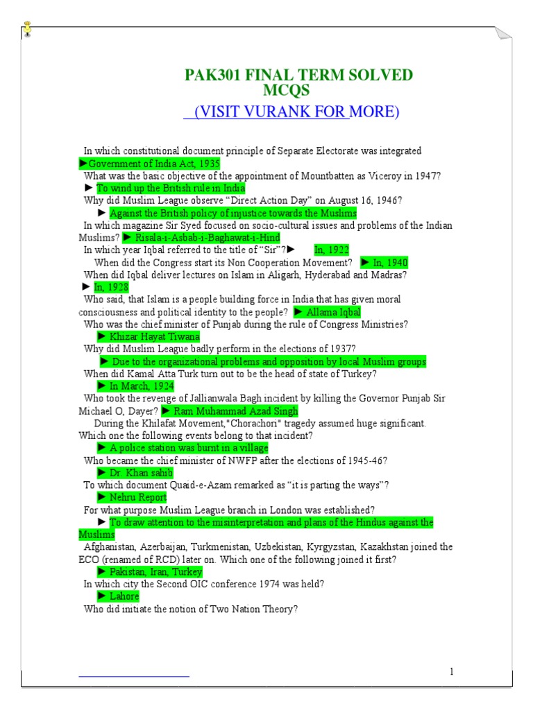Pak301 Final Term Solved Mcqs | PDF | All India Muslim League | Pakistan