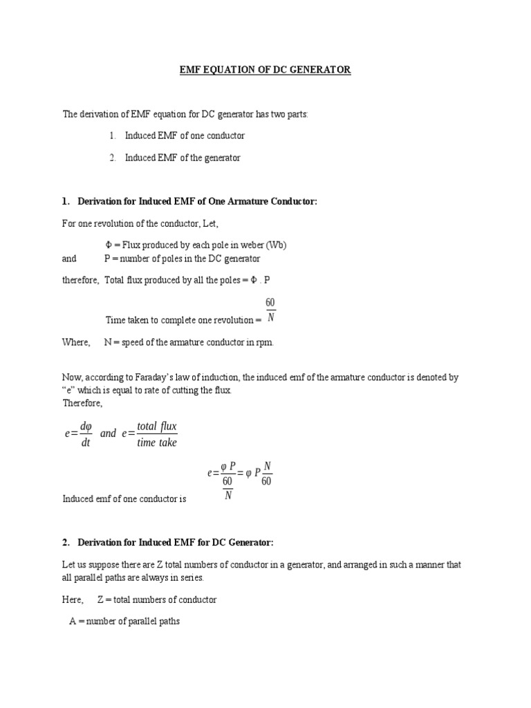 Emf Equation of DC Generator | PDF