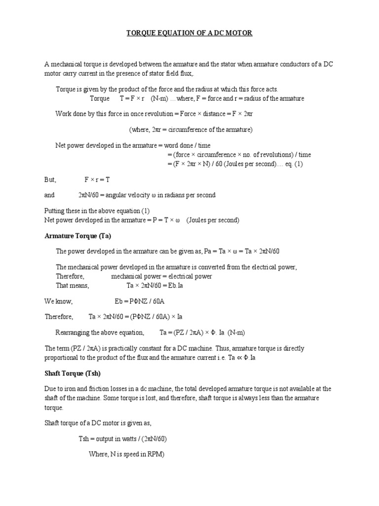 Torque Equation of A DC Motor | PDF