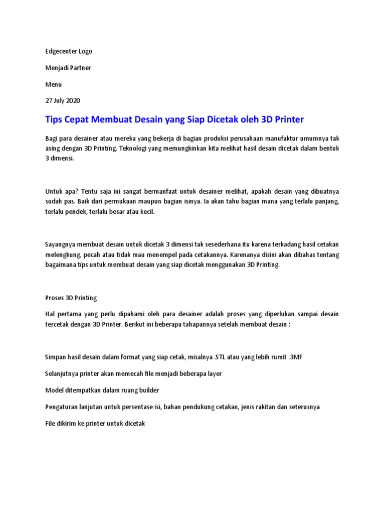 Tips Cepat Membuat Desain Yang Siap Dicetak Oleh 3D Printer | PDF ...