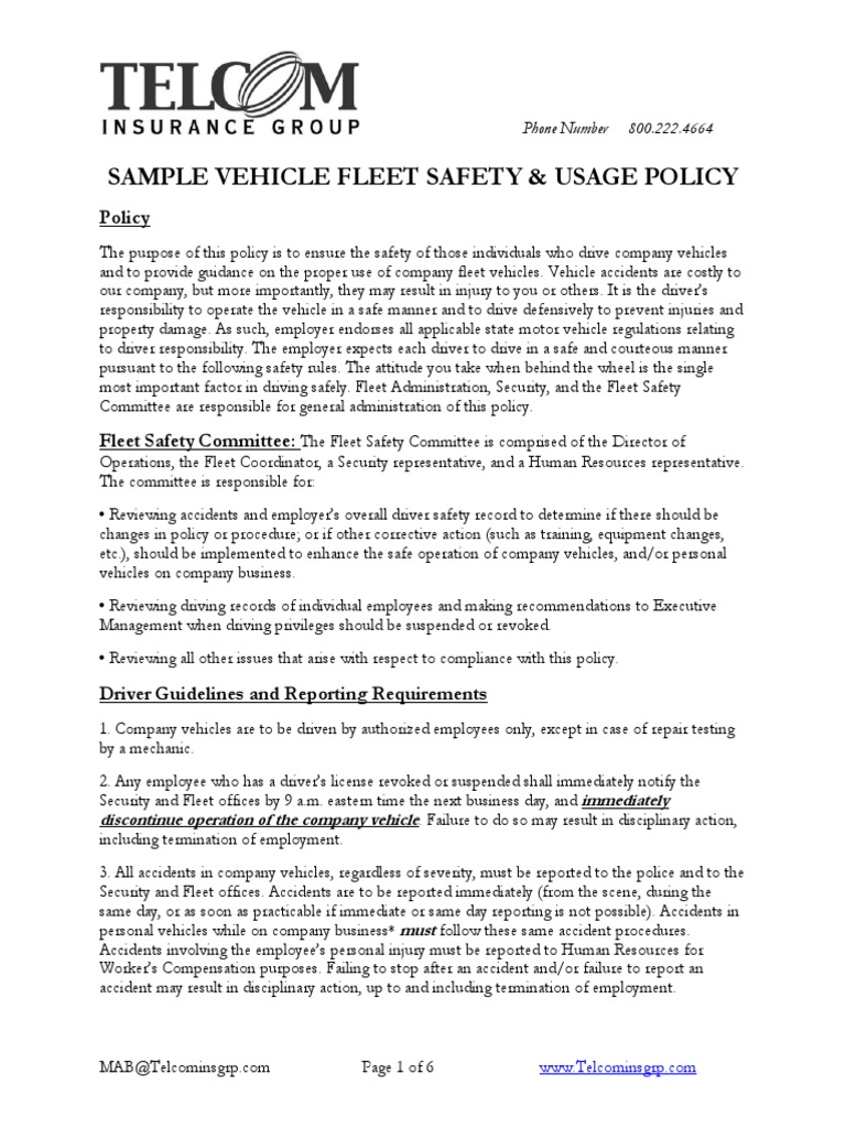 Sample Vehicle Fleet Safety & Usage Policy | PDF | Traffic | Traffic ...