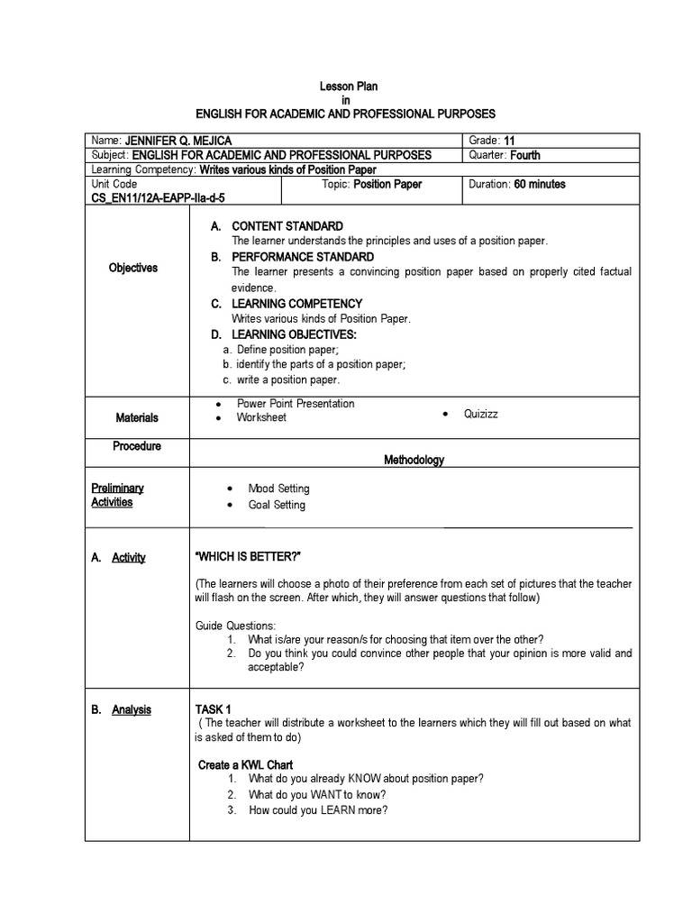Position Paper Lesson Plan | PDF | Lesson Plan | Education Theory