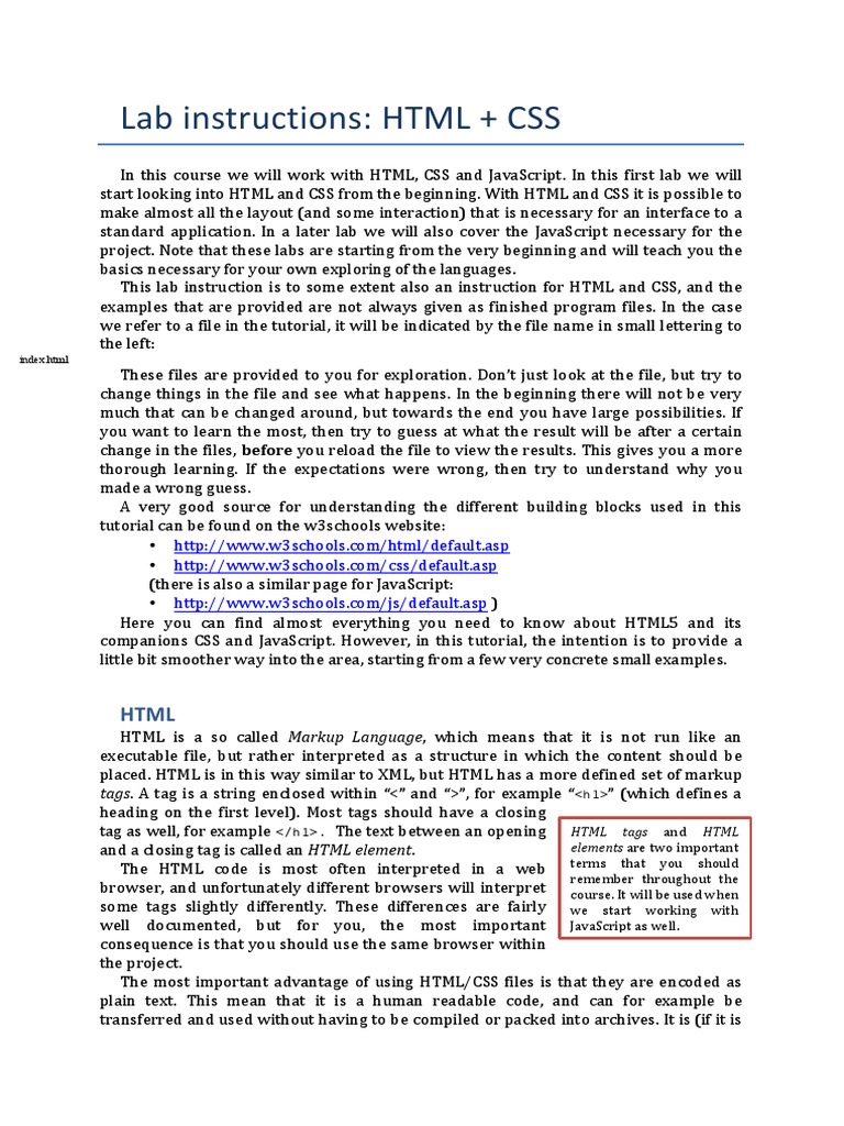 Lab Instructions: HTML + CSS: Tags. A Tag Is A String Enclosed Within " ", For Example " | PDF ...