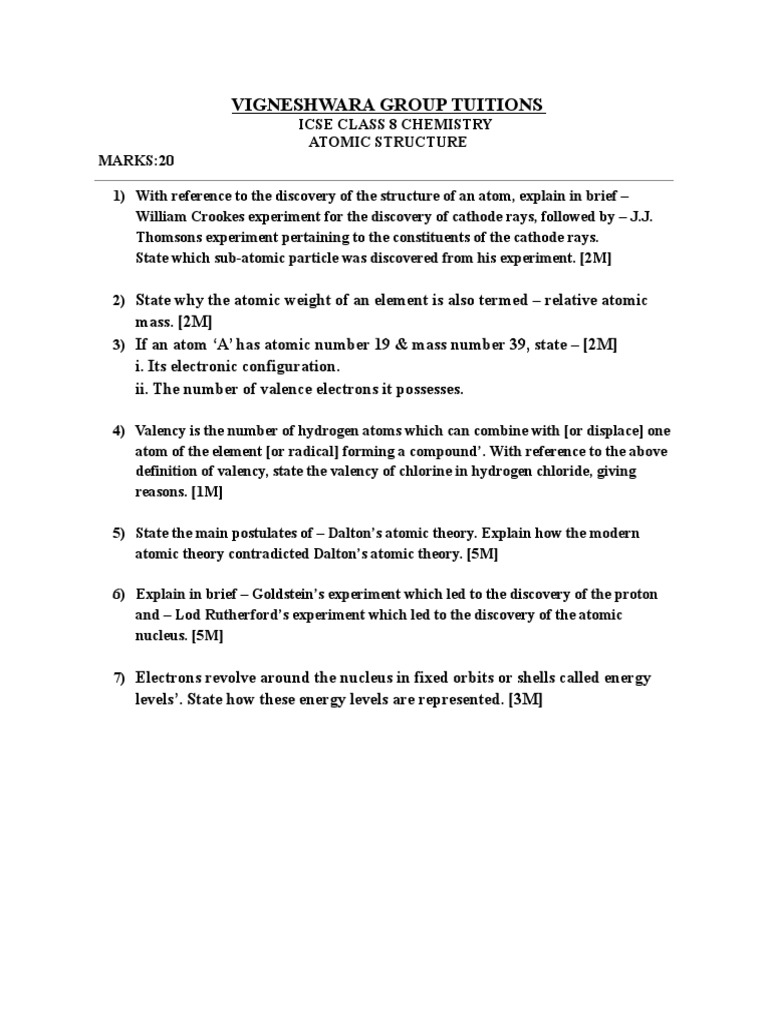 ICSE Class 8 Atomic Structure Worksheet | PDF