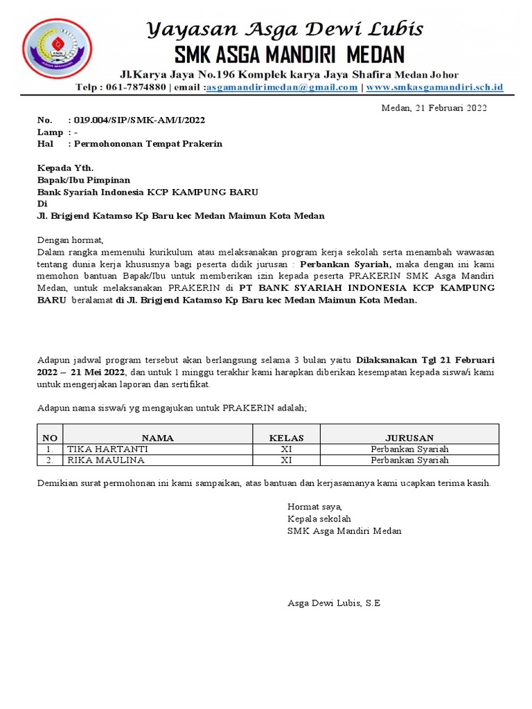 Contoh Surat PKL SMK Asga Mandiri Medan | PDF
