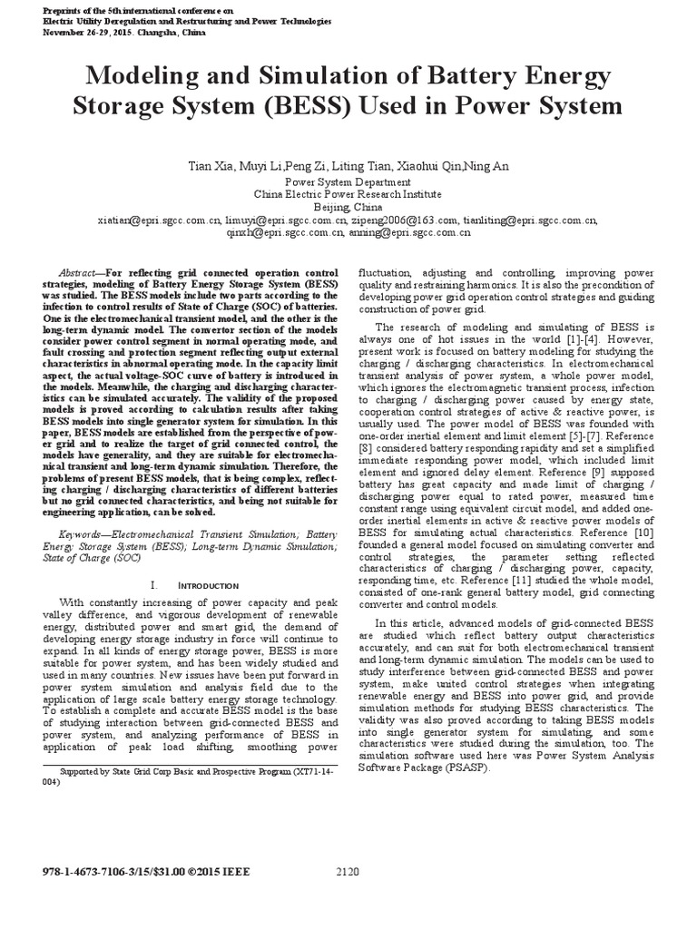1015 Modeling and Simulation of Battery Energy Storage System (BESS) Used in Power System | PDF ...