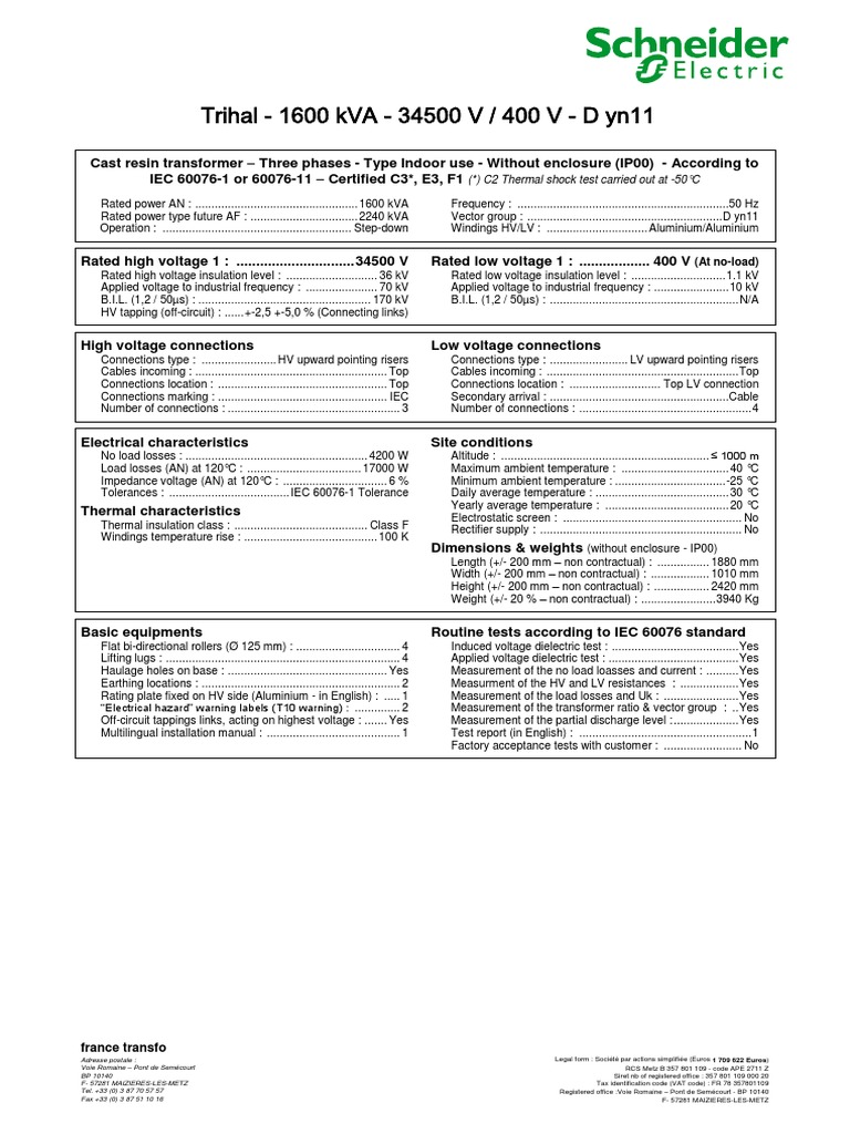 Ek-6 1600kVA Trafo Data Sheet | PDF | Transformer | Manufactured Goods