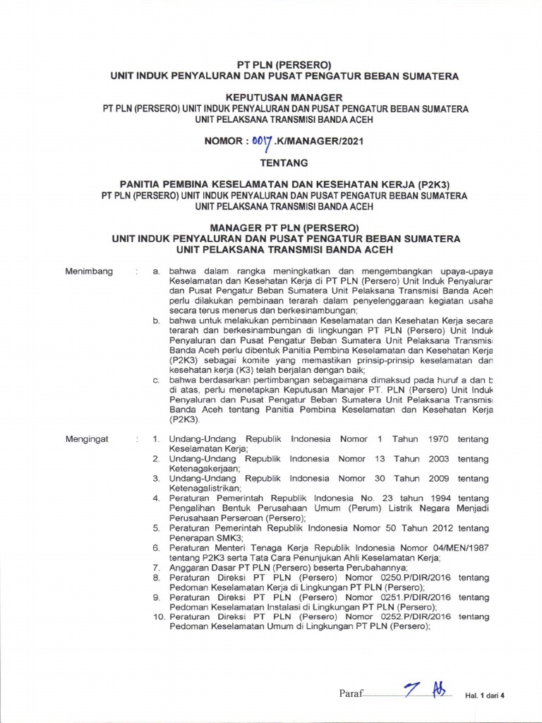 SK Tim Panitia Pembina Keselamatan Dan Kesehatan Kerja (P2K3) | PDF