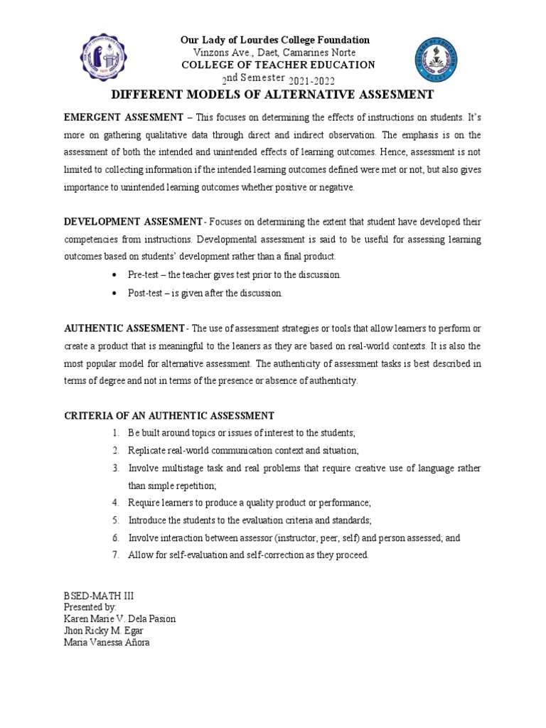 Alternative Assessment Models Explained | PDF | Career & Growth | Wellness
