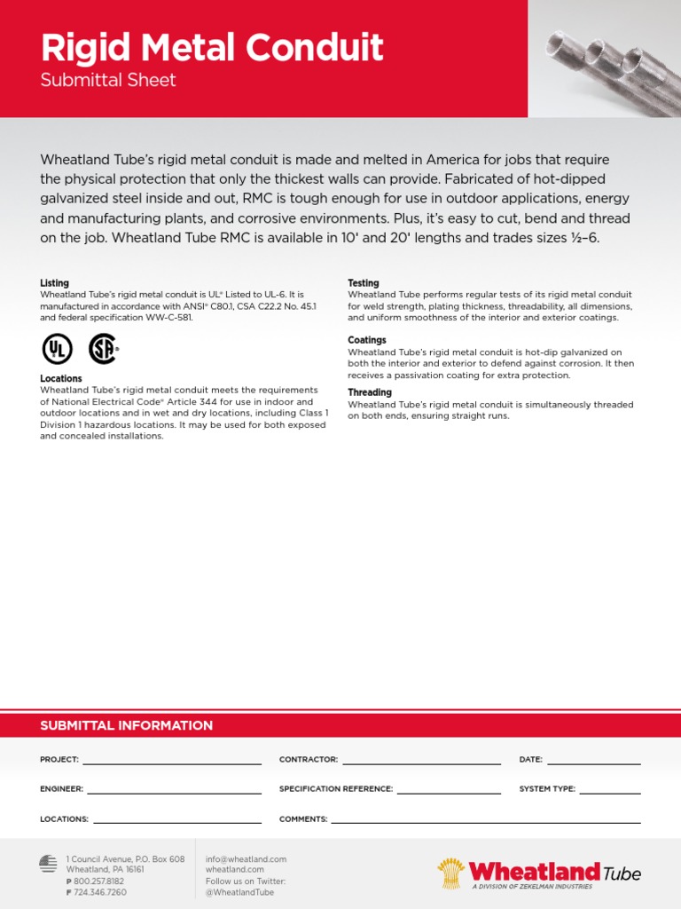 Rigid Metal Conduit Submittal Sheet | PDF