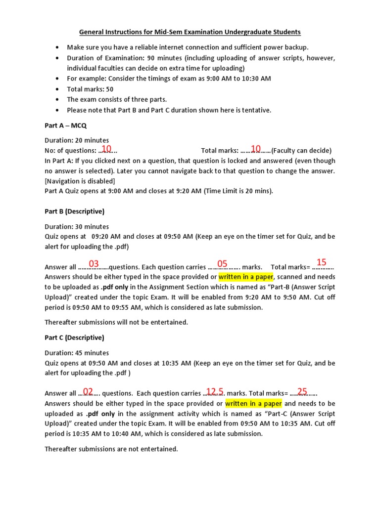 General Instructions For Mid-Sem Examination Undergraduate Students ...