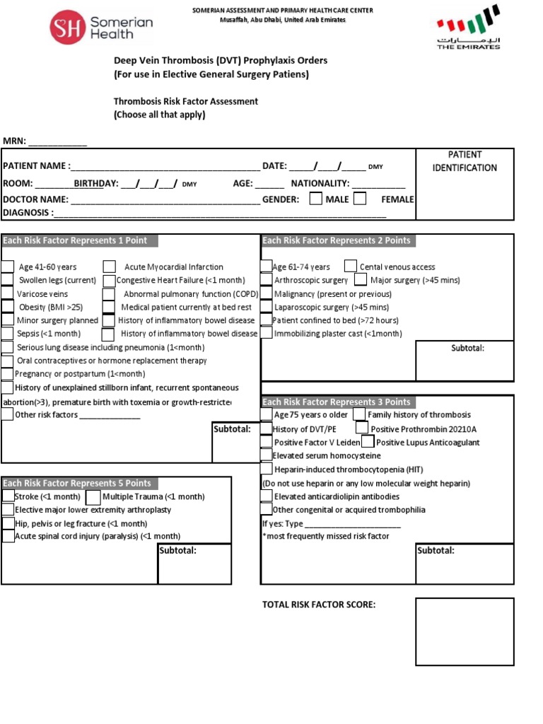 DVT Assessment Form | PDF | Thrombosis | Medical Specialties