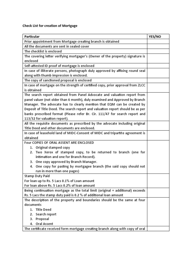 Check List For Creation of Mortgage | PDF | Mortgage Loan | Real Estate ...