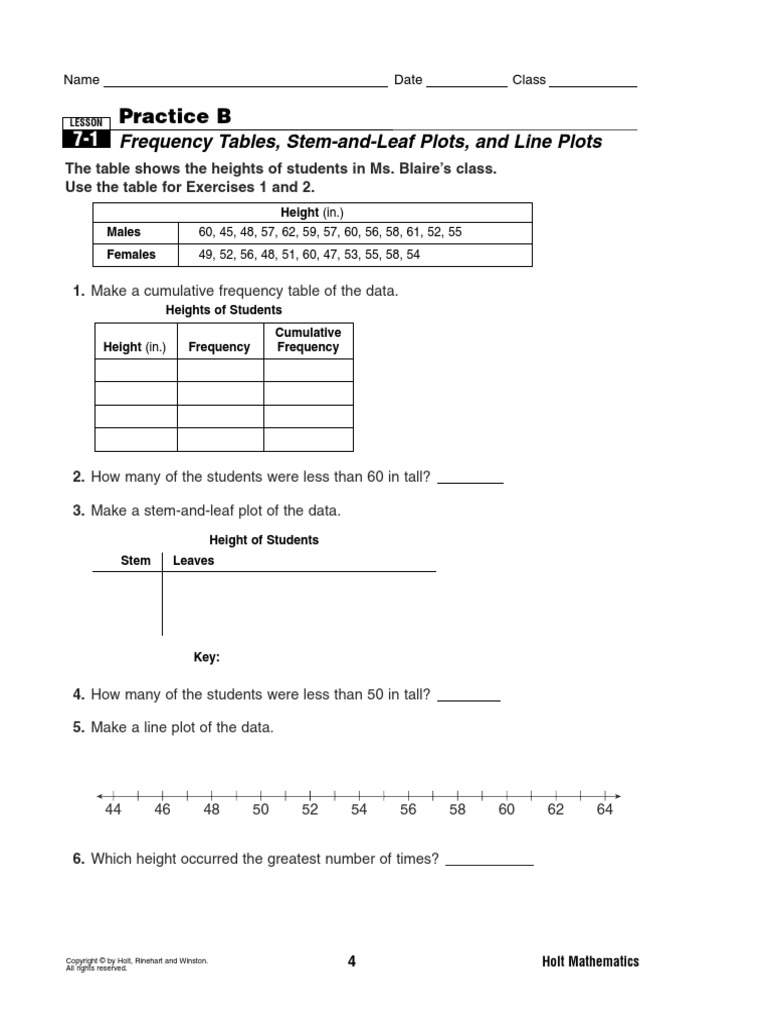 Practice B: Frequency Tables, Stem-and-Leaf Plots, and Line Plots | PDF