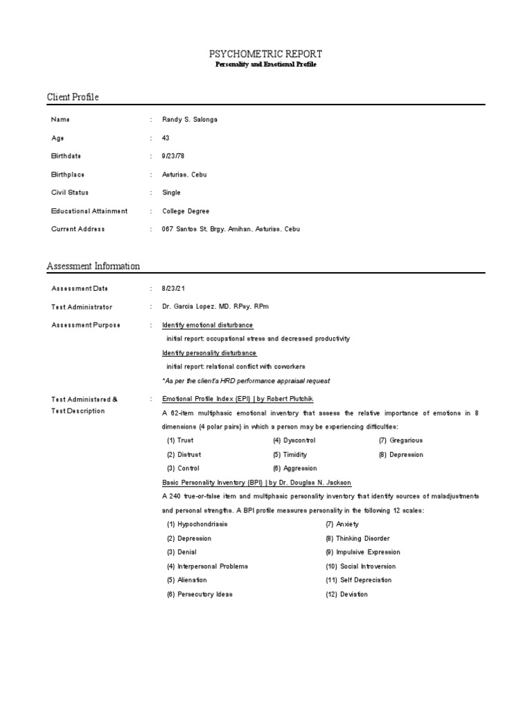 Psychometric Report Sample | PDF | Feeling | Emotions