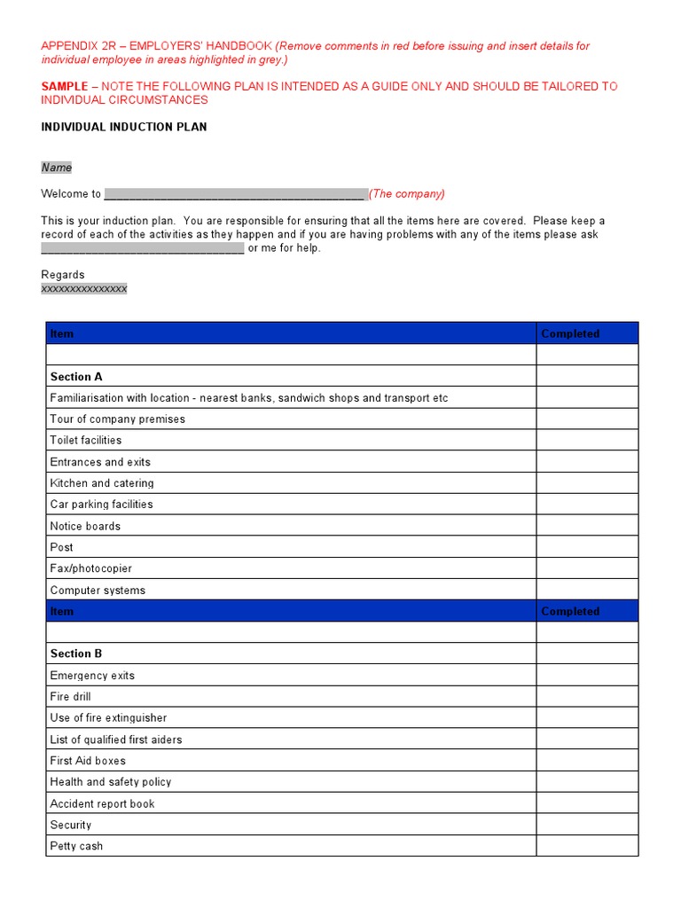 Individual Induction Plan: Sample - Note The Following Plan Is Intended ...