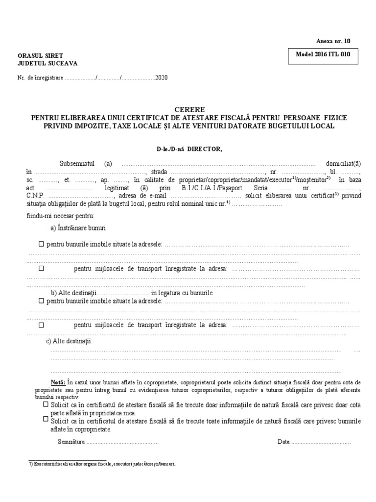 Anexa - 10 - Cerere Certificat Fiscal PF | PDF