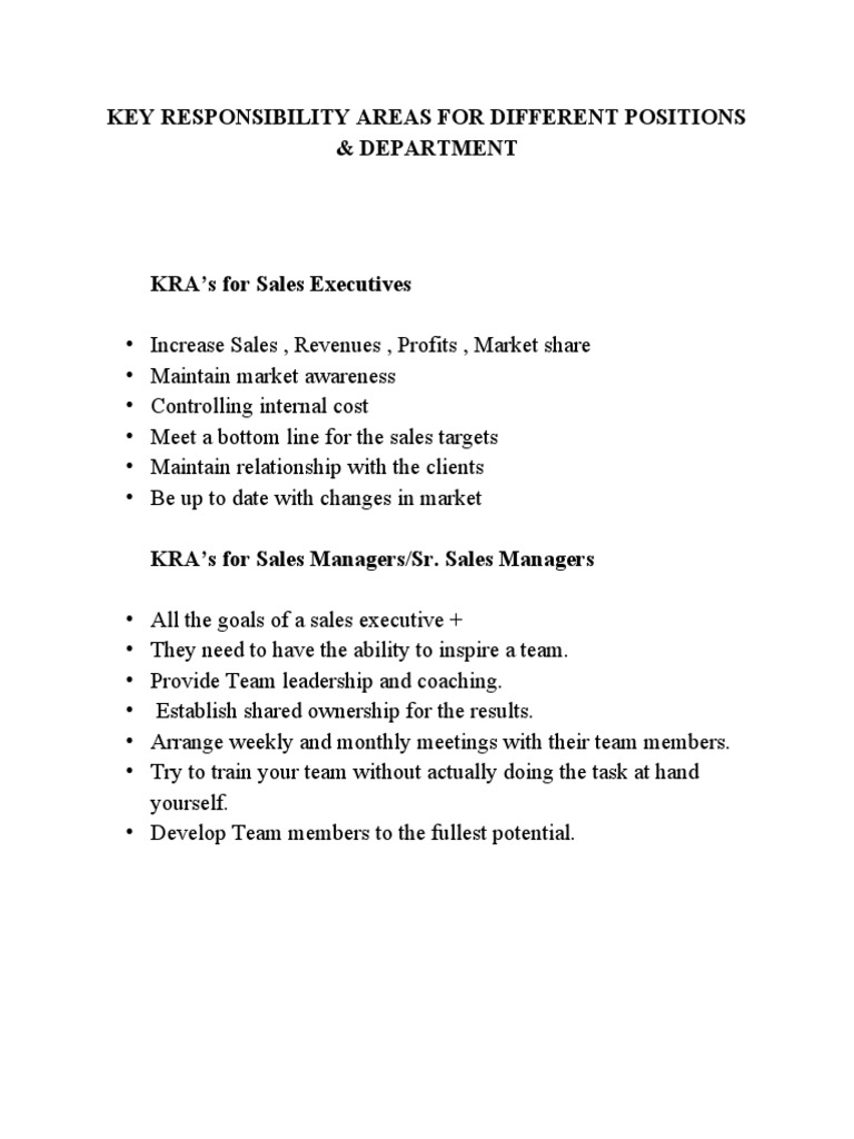 Key Responsibility Areas For Different Positions & Department | PDF ...
