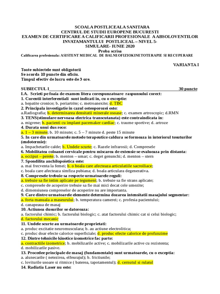 Simulare 1 BFKT 2018 | PDF