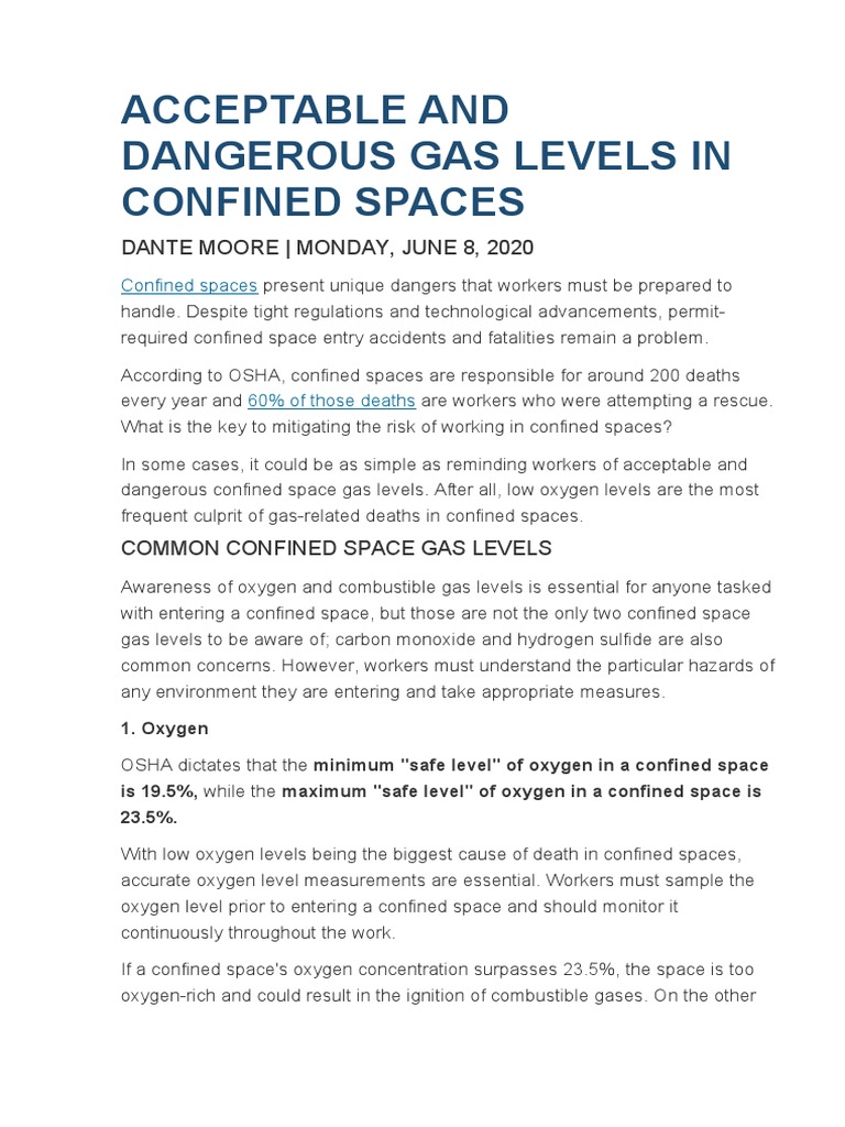 Acceptable And Dangerous Gas Levels In Confined Spaces Pdf