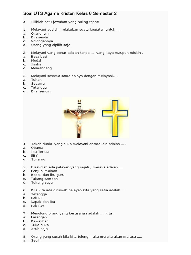 Soal UTS Agama Kristen Kelas 6 | PDF | Ilmu Sosial | Griya & Taman